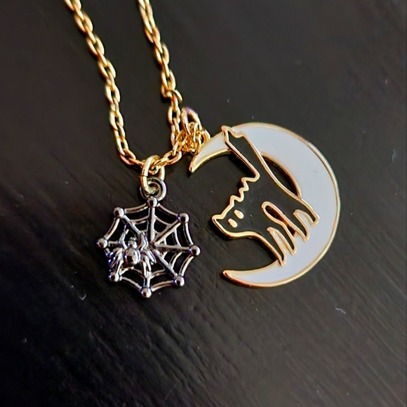 Rae Dunn | Jewelry | Rae Dunn Spooky Cat Moon Spider Web Necklace In ...